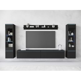 Wohnwand Inosign, B:260cm H:130cm T:33cm, schwarz, Wohnzimmer, Kastenmöbel-Sets, "VERA II", Mediawand 260 cm, Vitrine mit Verglasung, stehend und