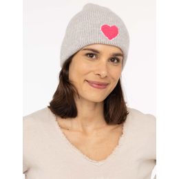 Zwillingsherz Damen Beanie ""Heart Patch"", grau, unifarben mit Farbeinsatz, Grobstrick, Materialmix, Mützen, Grobstrick, Herzmotiv,Wollanteil,