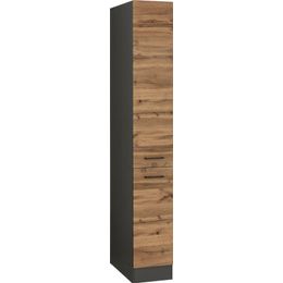 Apothekerschrank KOCHSTATION, B:30cm H:200cm T:60cm, braun, MDF, K&uuml;che, Schr&auml;nke, "KS-Trier", 30 cm breit, 200 cm hoch, mit 2 Ausz&uuml;gen und 5 Ablagen