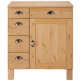 Unterschrank Home Affaire, B:75cm H:85cm T:60cm, beige, Massivholz, K&uuml;che, Schr&auml;nke, "Oslo", 75 cm breit, 1 T&uuml;r, 5 Schubladen, aus Kiefer,