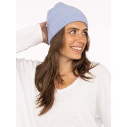 Zwillingsherz Damen Beanie, blau, unifarben, Strick, Obermaterial: 100% Kaschmir, Mützen, Feinripp, breiter Umschlag, Wolle