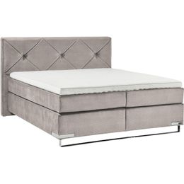 Boxspringbett, B:217cm L:214cm, grau, Gallery M BRANDED BY MUSTERRING, Komplettbetten, "Dubai", Kufe in Chrom, 3 Härtegrade, Kopfteil mit Knopfheftung