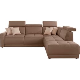 Ecksofa DOMO collection, B:266cm H:84cm T:99cm, braun, Kunstleder SOFTLUX;Struktur fein (100% Polyester);Zierkissen: Microfaser PRIMABELLE (100%