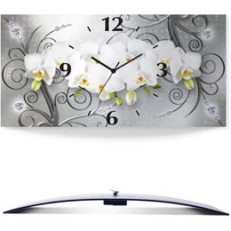 Wanduhr Artland, B:60cm H:30cm T:0,3cm, grau, Wohnzimmer, Wanduhren, "weiße Orchideen auf Ornamenten", 3D Optik gebogen, mit Quarz- oder Funkuhrwerk,
