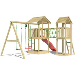 Jungle Gym Jungen Spielturm "Nova", rot, Holzwerkstoff, B:524cm H:280cm T:350cm, Spieltürme, Spielanlage mit 2 Türmen, Schaukel und Rutsche mit