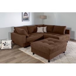 Ecksofa Collection AB, B:215cm H:44cm T:184cm, braun, 100%Polyester, Wohnzimmer, Sofas, "Toni L-Form, B: 215 cm", mit Hocker & 2 Zierkissen, Federkern