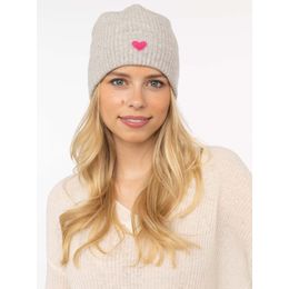 Zwillingsherz Damen Beanie "Beanie with Heart-Patch", grau, unifarben, Rippstrick, Wolle, M&uuml;tzen, Rippstrick, mit breitem Umschlag, w&auml;rmend