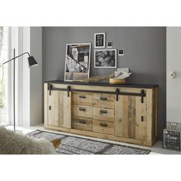 Sideboard Home Affaire, B:201cm H:91cm T:43cm, braun, Wohnzimmer, Sideboards, "SHERWOOD", modernes Holz Dekor, mit Scheunentorbeschlag aus Metall,
