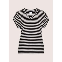 Madeleine Mode MADELEINE Damen Kurzarmshirt "Ringelshirt V-Shirt mit Glanz-Akzent", schwarz, Gr. 34, Obermaterial: 90% Viskose CV. 10% Elasthan EL., Shirts