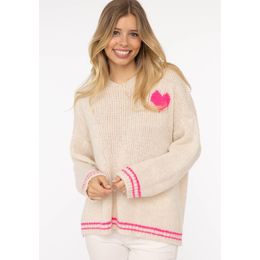 Zwillingsherz Damen Kapuzenpullover ""Herz"", beige, unifarben mit Farbeinsatz, Strick, Obermaterial: 60% Polyamid, 24% Polyester, 8% Wolle, 8%