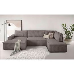 Wohnlandschaft Home Affaire, B:329cm H:85cm T:195cm, beige, 100% Polyester, Sofas, "SHERWOOD 329 cm, U-Form, Schlafsofa", Schlaffunktion m.