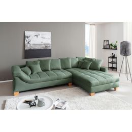 Ecksofa MR. COUCH, B:339cm H:93cm T:222cm, grün, 90% Polyester / 10% Nylon, Wohnzimmer, Sofas, "Bologna, L-Form, mit Holzfüßen", wahlweise mit