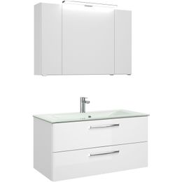 Badm&ouml;bel-Set SAPHIR, wei&szlig;, Kastenm&ouml;bel-Sets, "Trentino 2-teilig Glas-Waschtisch, Spiegelschrank mit LED-Leuchte", Badm&ouml;bel-Set 107cm breit, inkl.