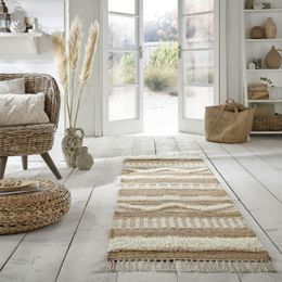 Läufer FLAIR RUGS, B:60cm H:12mm L:230cm, beige, Baumwolle, Jute, Wolle, Flur, Teppiche, "Medina, mit abstraktem Streifenmuster", Boho-Look, aus