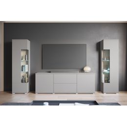 Wohnwand Inosign, B:270cm H:161cm T:34cm, grau, Holzwerkstoff, Wohnzimmer, Kastenmöbel-Sets, "KENIA", Vitrinen mit Eckverglasung, hängend und stehend