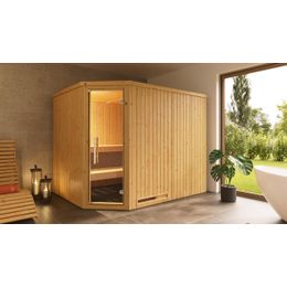 Weka Sauna "Element-Ecksauna VARBERG 4", Saunaofen, externe Steuerung, 7,5 kW, beige, Saunen, vorgefertigte Elemente, moderne Ganzglast&uuml;r