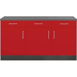 Unterschrank KOCHSTATION, B:150cm H:85cm T:60cm, rot, K&uuml;che, Schr&auml;nke, "KS-Paris", mit 3 Schubk&auml;sten und 3 T&uuml;ren, f&uuml;r viel Stauraum