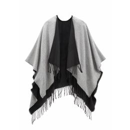 Lascana Damen Strickponcho "Cape", grau, mehrfarbig, Obermaterial: 100% Polyacryl, Pullover, Poncho zum Wenden, Fransentuch, Schal VEGAN