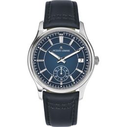 Jacques Lemans Herren Quarzuhr "Derby", blau, Armbanduhren, Armbanduhr, Herrenuhr, Lederarmband, analog, Tag, kleine Sekunde
