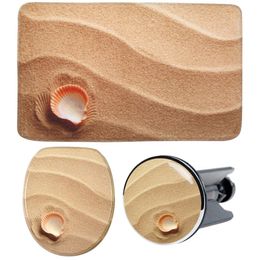 Badaccessoire-Set Sanilo, beige, Kunststoff, MDF, Polyester, Badaccessoires-Sets, "Clam", bestehend aus WC-Sitz, Badteppich und Waschbeckenstöpsel