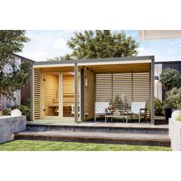 Karibu Saunahaus ""Adrian 1" naturbelassen-graualuminium", Saunaofen, externe Steuerung, 400 kW, braun, Garten, Saunen, Nordischer Fichte,Stahlecken-
