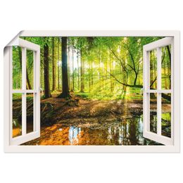 Wandbild Artland, B:130cm H:90cm, weiß, Leinwand, Wohnzimmer, Bilder, "Fensterblick - Wald mit Bach", als Leinwandbild, Poster, Wandaufkleber in
