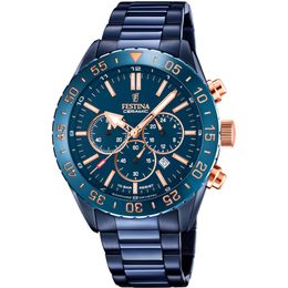 Festina Herren Chronograph "Keramik Kollektion", blau, Armbanduhren, Armbanduhr, Quarzuhr, Herrenuhr, Stoppfunktion, Edelstahlarmband