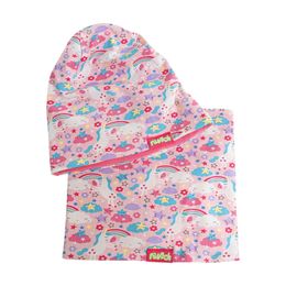 Reusch Jungen Beanie "Reusch Kids Hat and Scarf Set"rosa, wei&szlig;, bedruckt, 50% Polyester, 47% Baumwolle, 3% Elasthan, M&uuml;tzen, im niedlichen Design