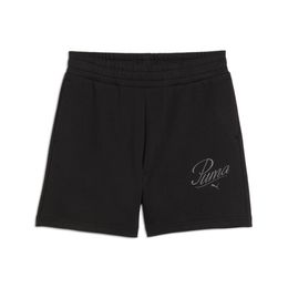 Puma Damen Trainingsshorts "ESS SCRIPT HIGH-WAIST SHORTS 5"", schwarz, Gr. XS, bedruckt, Sweatware, Obermaterial: 68% Baumwolle, 32% Polyester, Hosen