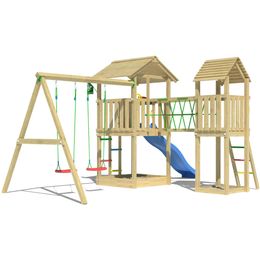 Jungle Gym Jungen Spielturm "Nova", blau, Holzwerkstoff, B:524cm H:280cm T:350cm, Spieltürme, Spielanlage mit 2 Türmen, Schaukel und Rutsche mit