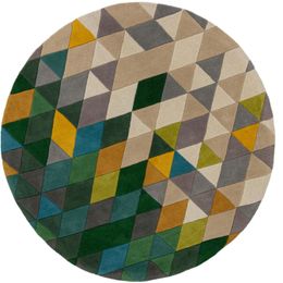 Wollteppich FLAIR RUGS, H:10mm &Oslash;:160cm, bunt, Wolle, Wohnzimmer, Teppiche, "Prism, rund, modern & geometrisch", mit Hoch-Tief-Effekt, Wohnzimmer
