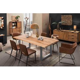 Esstisch Sit, B:220cm H:75cm T:100cm, braun, Platte Wildeiche ge&ouml;lt, Gestell Metall, Garten, Tische, Kufengestell im industriellen Antiklook