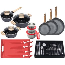 King Topf-Set "»ESSENTIAL« Aluminium, Induktion, Antihaftbeschichtung", 7,5 l, rot, Töpfe, 3 Pfannen, 4 Küchenmesser, 1 Schneidebrett, 3 Vorratsdosen