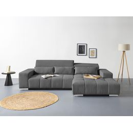 Ecksofa COTTA, B:307cm H:73cm T:186cm, grau, 100% Polyester, Wohnzimmer, Sofas, "Orion L-Form", mit 2x Kopfteilverstellung & 3 Nierenkissen