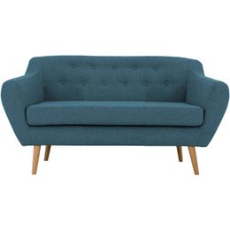 2-Sitzer Home Affaire, B:128cm H:78cm T:73cm, blau, Leder Belfast (echtes Rindsleder), Sofas, "Renne", mit Heftung im Rücken im skandinavischem Stil