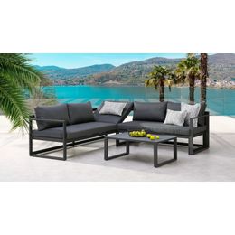 Loungeset Best, B:212cm H:77cm T:70cm, grau, Aluminium, Polyester, Garten, Sitzmöbel-Sets, "Rhodos", Bestehend aus 2 Sitzbänken, 1 Tisch und 12 Kissen
