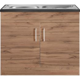 Sp&uuml;lenschrank KOCHSTATION, B:100cm H:85cm T:60cm, braun, Holzwerkstoff, K&uuml;che, Schr&auml;nke, "KS-Colmar", 100 cm, mit Metallgriff