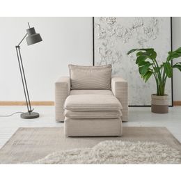 Sitzgruppe Home Affaire, B:110cm H:83cm T:161cm, beige, Wohnzimmer, Sitzm&ouml;bel-Sets, "PIAGGE", Hochwertiger Cord, Sessel und Hocker klein im Set