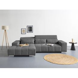 Ecksofa COTTA, B:307cm H:73cm T:186cm, grau, 100% Polyester, Wohnzimmer, Sofas, "Orion L-Form", mit 2x Kopfteilverstellung & 3 Nierenkissen