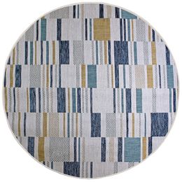 Teppich FLAIR RUGS, H:4mm &Oslash;:160cm, blau, Kunstfaser, Wohnzimmer, Teppiche, "Rosco Geo", Rosco Geometrischer Teppich f&uuml;r drinnen und drau&szlig;en