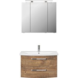 Badmöbel-Set SAPHIR, B:84cm H:200cm T:45cm, braun, Spanplatte, Kastenmöbel-Sets, "Serie 4010 2-teilig Keramik-Waschtisch mit LED-Spiegelschrank",