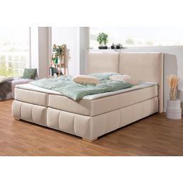 Boxspringbett Home Affaire, B:190cm L:213cm, beige, Struktur fein (100% Polyester), Komplettbetten, "Wehma", inkl. Topper in 3 verschiedenen