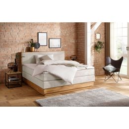Boxspringbett Home Affaire, B:184cm L:222cm, beige, Microfaser (100% Polyester), Komplettbetten, "Cavan", Eiche, inkl. Bettkasten & Topper,