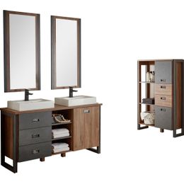 Badmöbel-Set Home Affaire, gelb, Kastenmöbel-Sets, "Detroit, Bad im Industrialdesign, 3-teiliges Badezimmer", Waschtisch, Highboard, Spiegel, inkl. 2