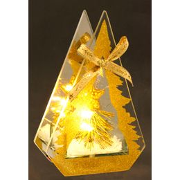 LED-Dekofigur I.GE.A., B:13cm H:20cm, gold, Glas, Dekofiguren, "Dekoobjekt aus Glas mit LED Licht", Mit Tannenbaum Kunstschnee Deko Weihnachten