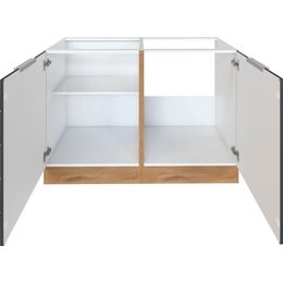 Sp&uuml;lenschrank KOCHSTATION, B:120cm H:82cm T:60cm, grau, MDF, K&uuml;che, Schr&auml;nke, "KS-Luhe", 120 cm breit, hochwertige MDF-Fronten mit waagerechter Lisene