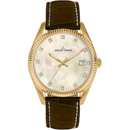 Jacques Lemans Damen Quarzuhr "Derby", schwarz, Armbanduhren, Armbanduhr, Damen, analog, Datum, Perlmutt-Zifferblatt, Lederarmband