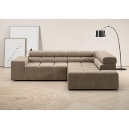 Ecksofa Inosign, B:249cm H:70cm T:215cm, beige, 100% Polyester, Wohnzimmer, Sofas, "Ancona, incl. Kopfteilverstellung + 3 Zierkissen, L-Form, Breite