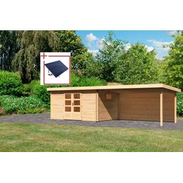 Gartenhaus Konifera, beige, Holz, Gartenh&auml;user, "Trittau 5", mit Anbaudach 4,4m R&uuml;ckwand, naturbelassen