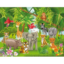 papermoon Fototapete "Kids Jungle Animals", B/L: 5m x 2,8m, Bahnen: 10 Stk., bunt, Tapeten